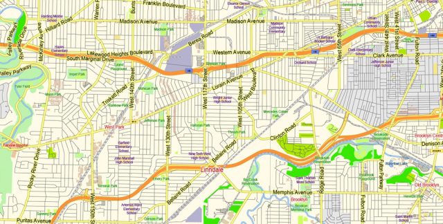 Cleveland PDF Map Ohio US low detailed City Plan for small print size ...