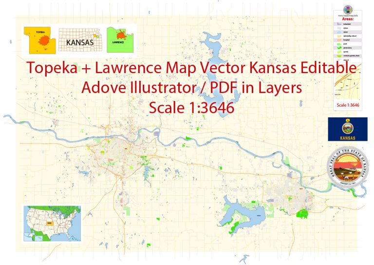 Topeka + Lawrence Map Vector Kansas US detailed City Plan editable ...