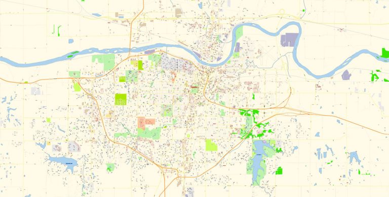 Topeka + Lawrence Map Vector Kansas US detailed City Plan editable ...