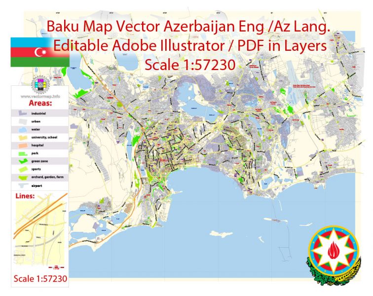 Baku Azerbaijan Map Vector ENG / AZ Low detailed City Plan editable ...
