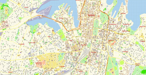 Sydney City Center Vector Map Australia exact printable City Plan ...