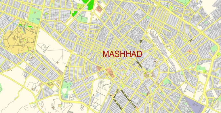 Mashhad Map Iran Farci / English Low detailed City Plan editable Adobe ...