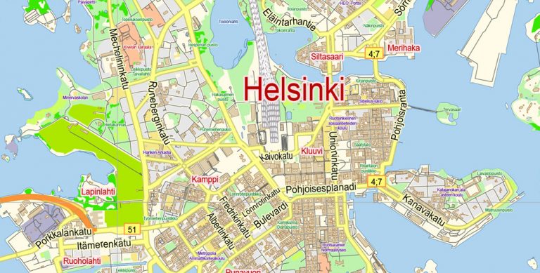 Helsinki + Espoo + Vantaa Map Vector Finland Low detailed City Plan editable Layered Adobe ...