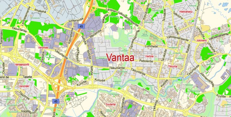 Helsinki + Espoo + Vantaa Map Vector Finland Low detailed City Plan ...