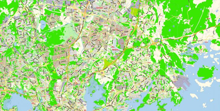 Helsinki + Espoo + Vantaa Map Vector Finland Low detailed City Plan ...