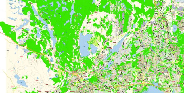 Helsinki + Espoo + Vantaa Map Vector Finland Low detailed City Plan ...