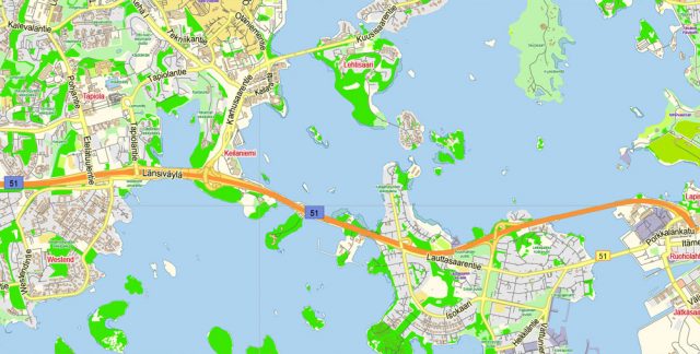 Helsinki + Espoo + Vantaa Map Vector Finland Low detailed City Plan ...