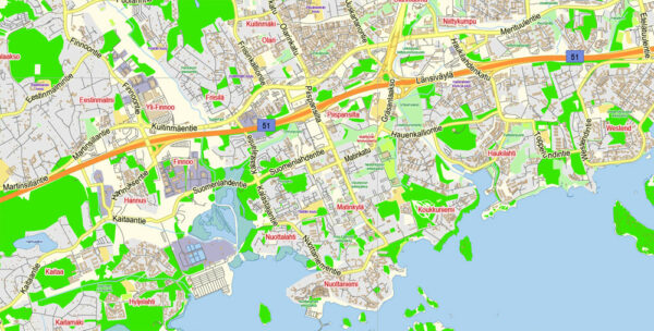 Helsinki + Espoo + Vantaa Map Vector Finland Low detailed City Plan ...