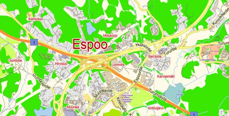 Helsinki + Espoo + Vantaa Map Vector Finland Low detailed City Plan ...