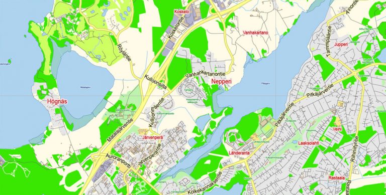 Helsinki + Espoo + Vantaa Map Vector Finland Low detailed City Plan ...