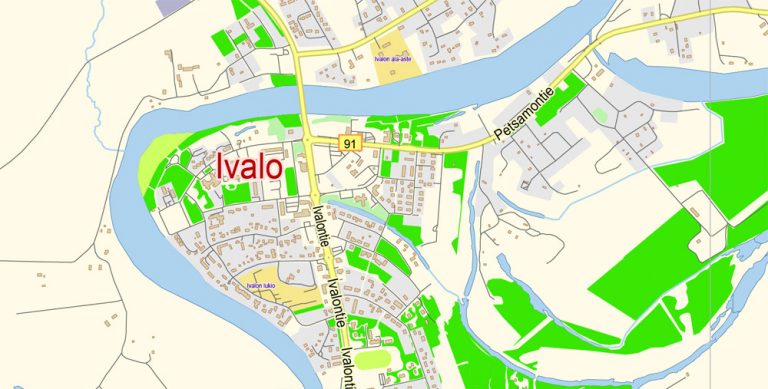 Inari + Ivalo + Saariselka Map Vector Finland Low detailed City Plan ...