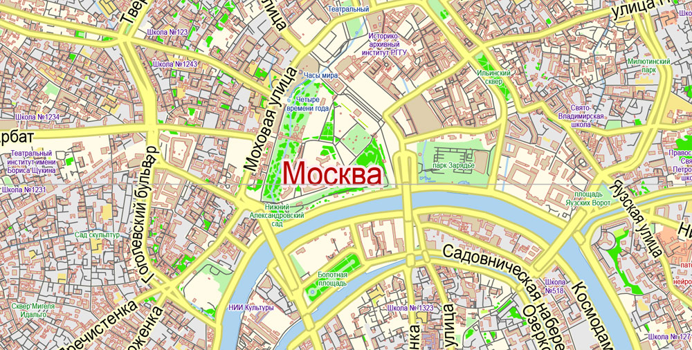Москва Moscow Map Vector Russia Russian Names City Plan Low Detailed ...
