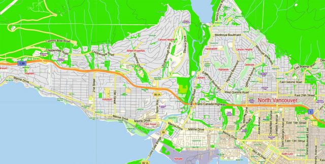 Vancouver Vector Map large long area British Columbia Canada in layers ...