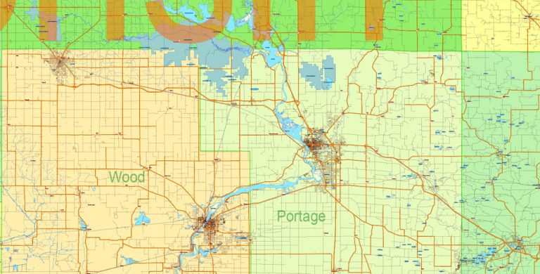 _Wisconsin State Vector Map exact extra detailed All Roads, Cities and ...