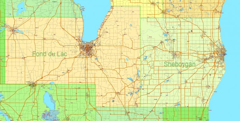 Wisconsin State Vector Map exact extra detailed All Roads, Cities and ...