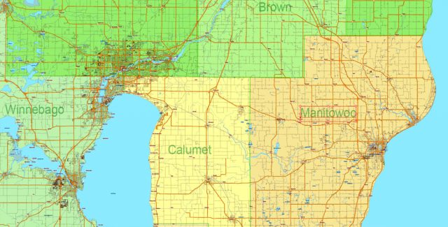 Wisconsin State Vector Map exact extra detailed All Roads, Cities and ...