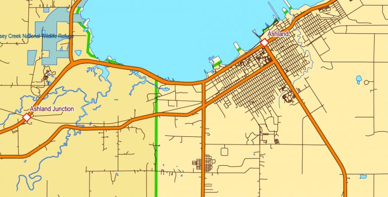 Wisconsin State Vector Map exact extra detailed All Roads, Cities and ...