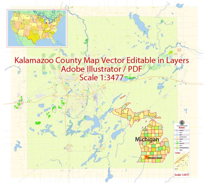 Kalamazoo County PDF Map Michigan US Extra detailed County Plan ...
