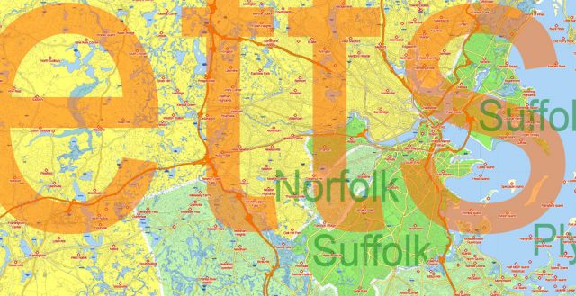 Massachusetts State PDF Vector Map exact extra detailed All Roads ...