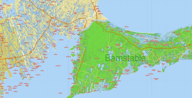 Massachusetts State Vector Map exact extra detailed All Roads, Cities ...