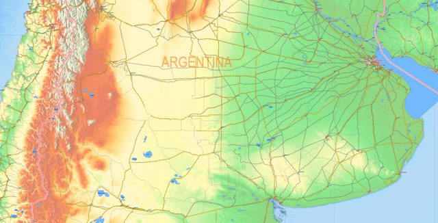 South America Vector Mercator Prj. Map Topo Relief 01 Main Roads Cities ...
