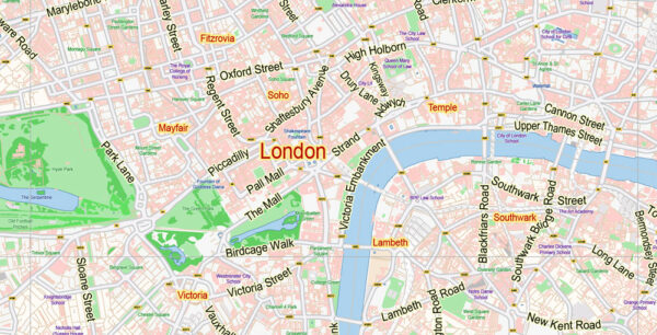 London Center Map Vector UK Exact City Plan Street Map Rose Adobe ...