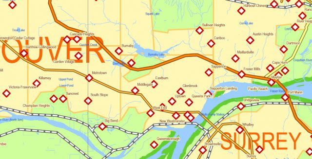 US NW part + Canada SW part Map Vector Exact Road Admin detailed Map ...