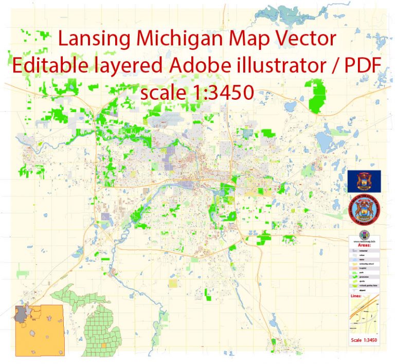 Lansing Michigan US PDF Map Vector Exact City Plan detailed Street Map ...
