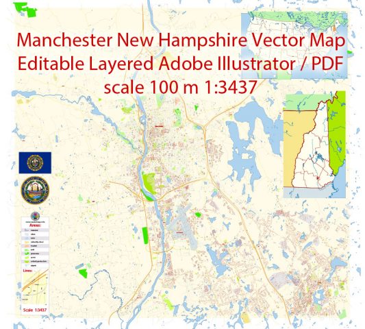 Manchester New Hampshire US PDF Map Vector Exact City Plan detailed ...