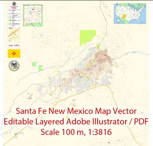 Santa Fe New Mexico US Map Vector Exact City Plan detailed Street Map ...