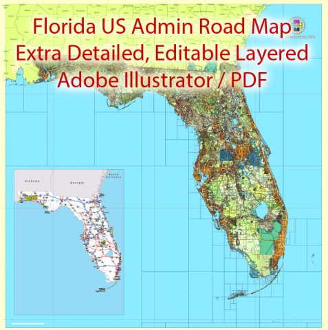 Florida State PDF Vector Map exact extra detailed All Roads, Cities and ...