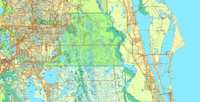 Florida State PDF Vector Map exact extra detailed All Roads, Cities and ...