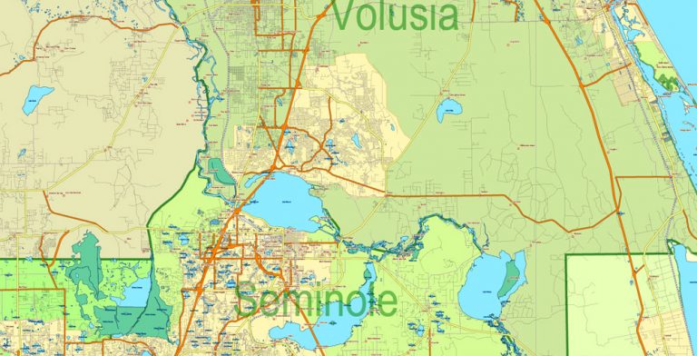 Florida State PDF Vector Map exact extra detailed All Roads, Cities and ...