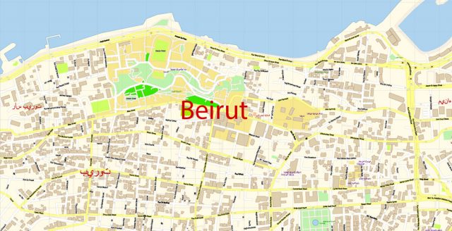 Beirut Lebanon Map Vector Exact City Plan detailed Street Map editable ...