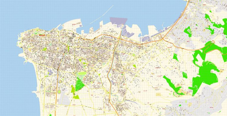 Beirut Lebanon Map Vector Exact City Plan detailed Street Map editable ...