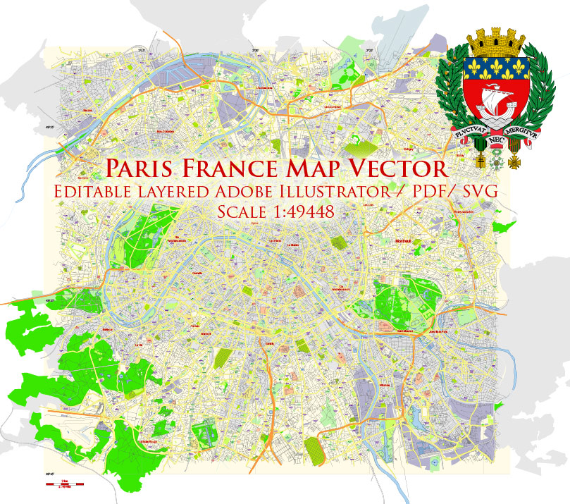 Paris France Free Vector Map Adobe Illustrator + PDF + SVG editable ...