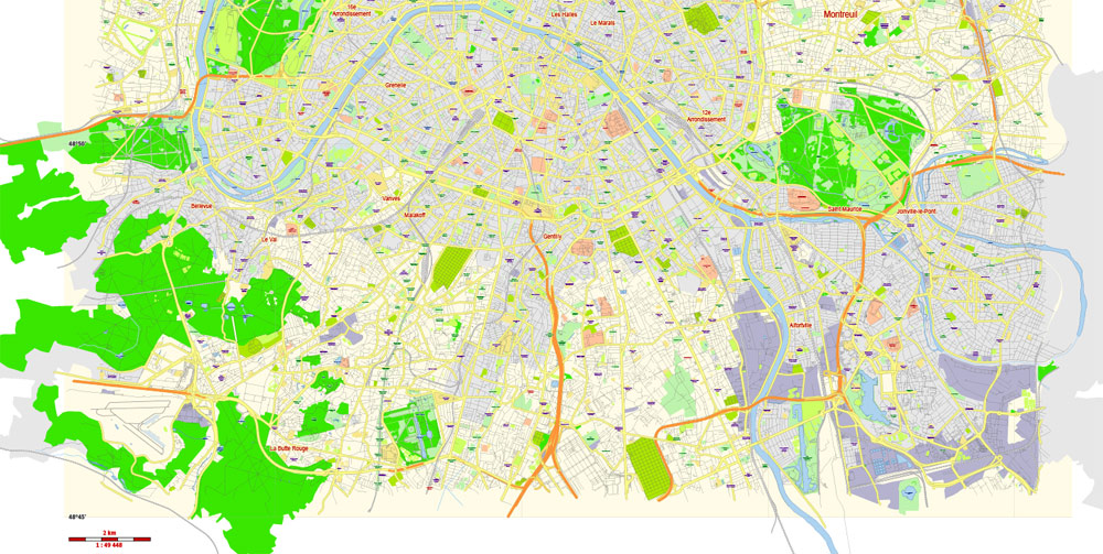 Paris France Free Vector Map Adobe Illustrator + PDF + SVG editable ...