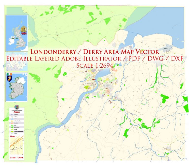 Londonderry Derry area UK PDF Map Vector Exact City Plan High Detailed ...
