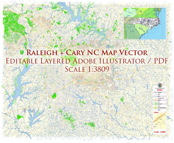 Raleigh + Cary + Durham North Carolina US Map Vector Exact City Plan ...