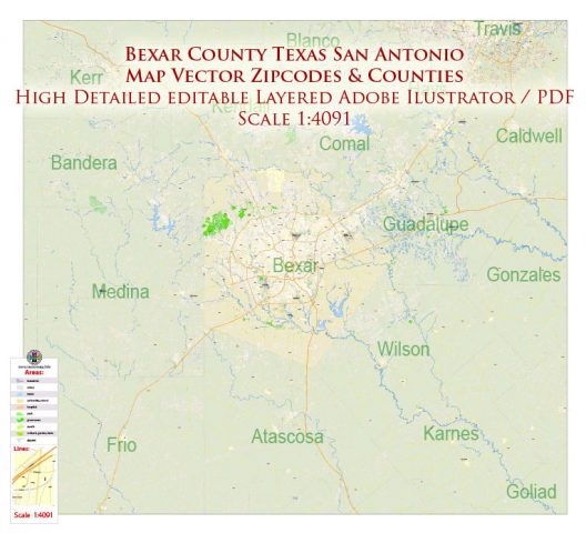 Bexar County San Antonio Texas US PDF Map Vector Exact area Plan High ...