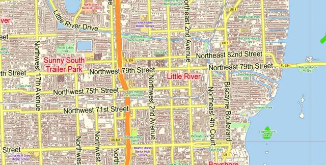East Florida Jupiter-Miami area US PDF Map Vector Exact City Plan Low ...