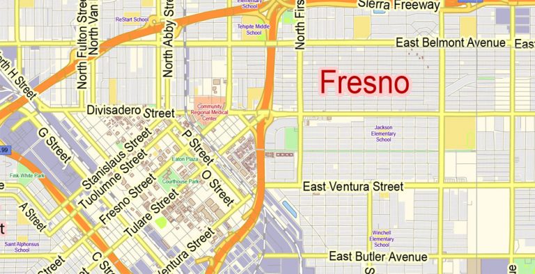 Fresno California US PDF Map Vector Exact City Plan Low Detailed Street ...