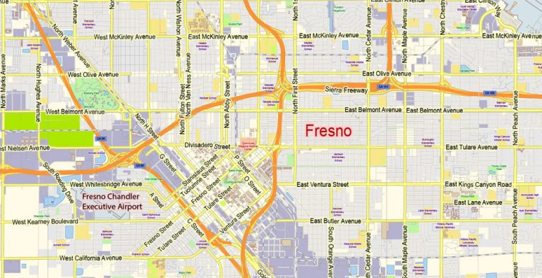 Fresno California US PDF Map Vector Exact City Plan Low Detailed Street ...