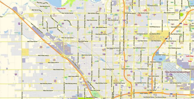 Fresno California US PDF Map Vector Exact City Plan Low Detailed Street ...