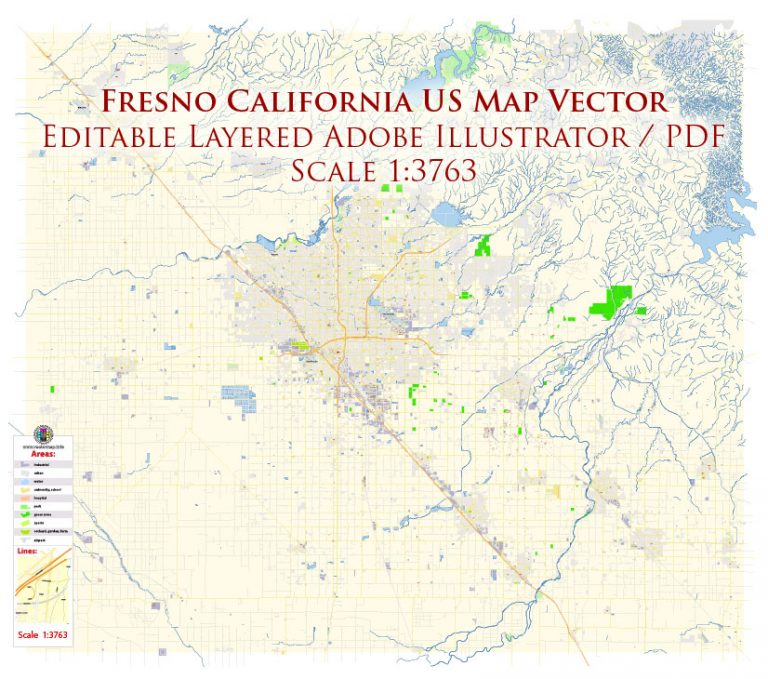 Fresno California US PDF Map Vector Exact City Plan High Detailed ...