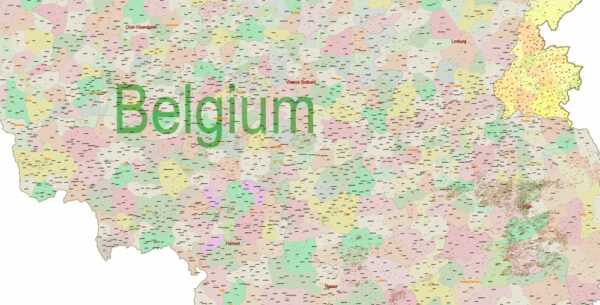 Belgium Netherlands Luxembourg Map Vector Cities + Admin + Postcodes ...