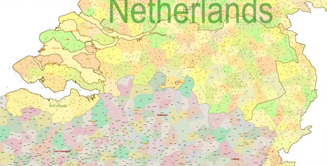 Belgium Netherlands Luxembourg Map Vector Cities + Admin + Postcodes ...