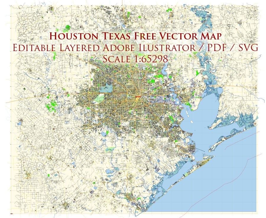 Houston Texas Map Vector Free Editable Layered Adobe Illustrator + PDF ...