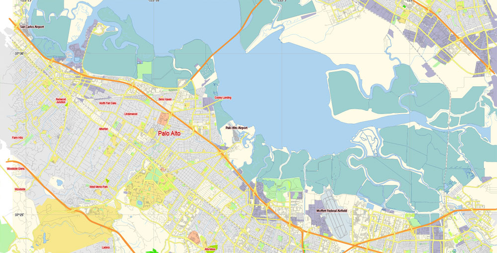 Palo Alto Mountain View Map Vector California Free Editable Layered ...