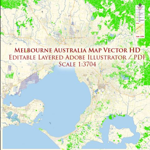 Melbourne PDF Map, Australia, exact vector street map, V27.11, fully ...